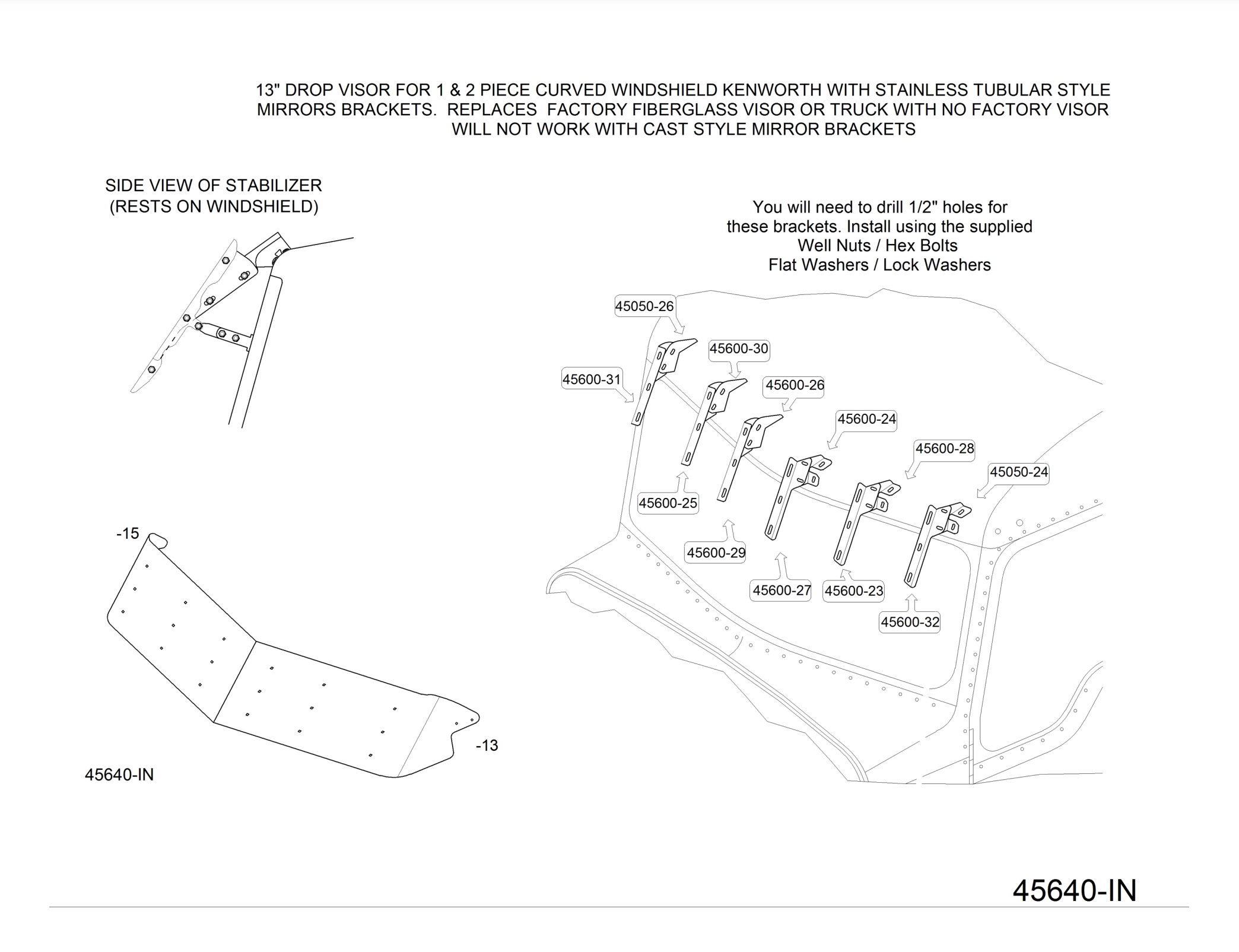 13” Visor fits Kenworth Curved Windshield Standard Mount Visors W/Stai ...